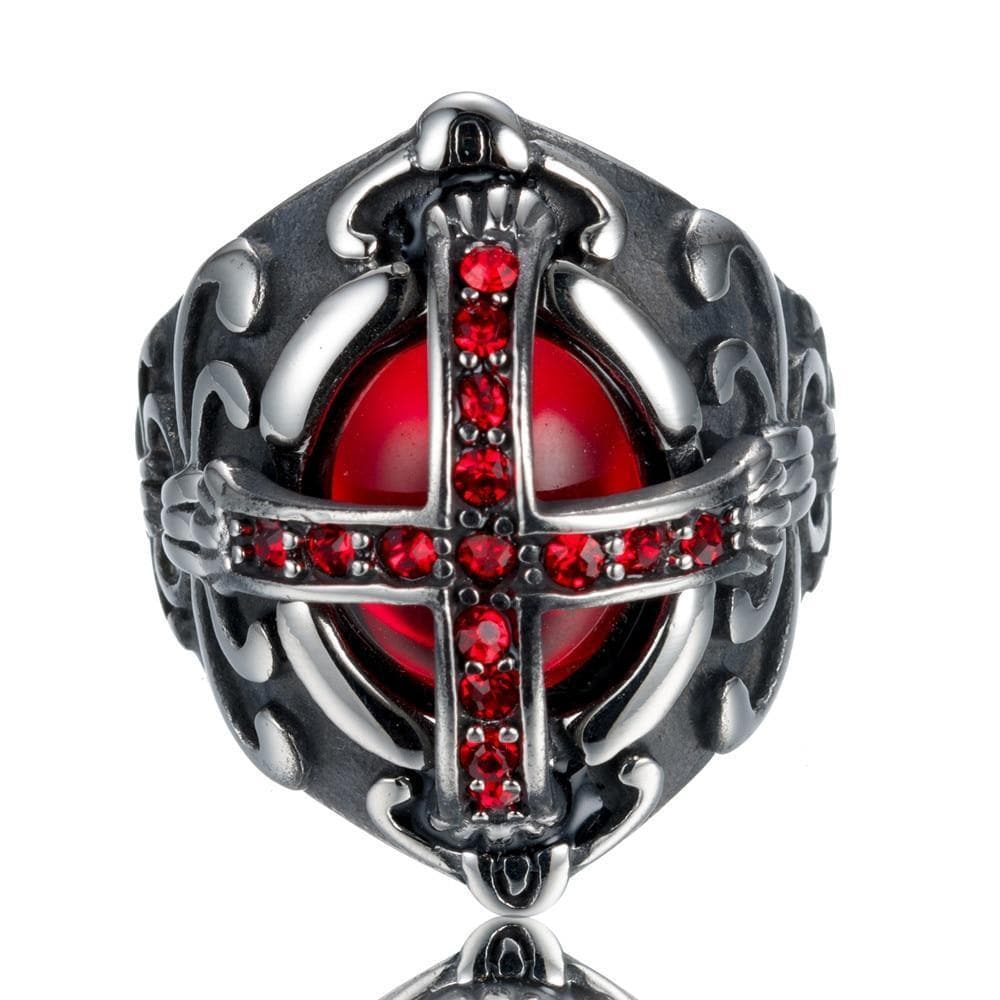 Knights Templar Red Stone Stainless Steel Ring - Ancient Treasures