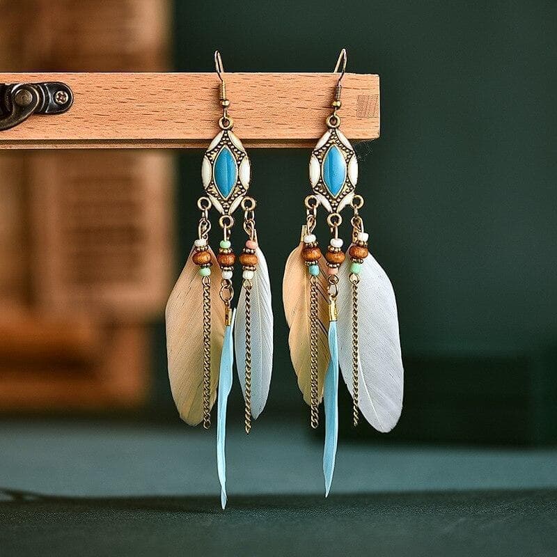 Native American Ethnic Feather Dangle Earrings - Ancient Treasures