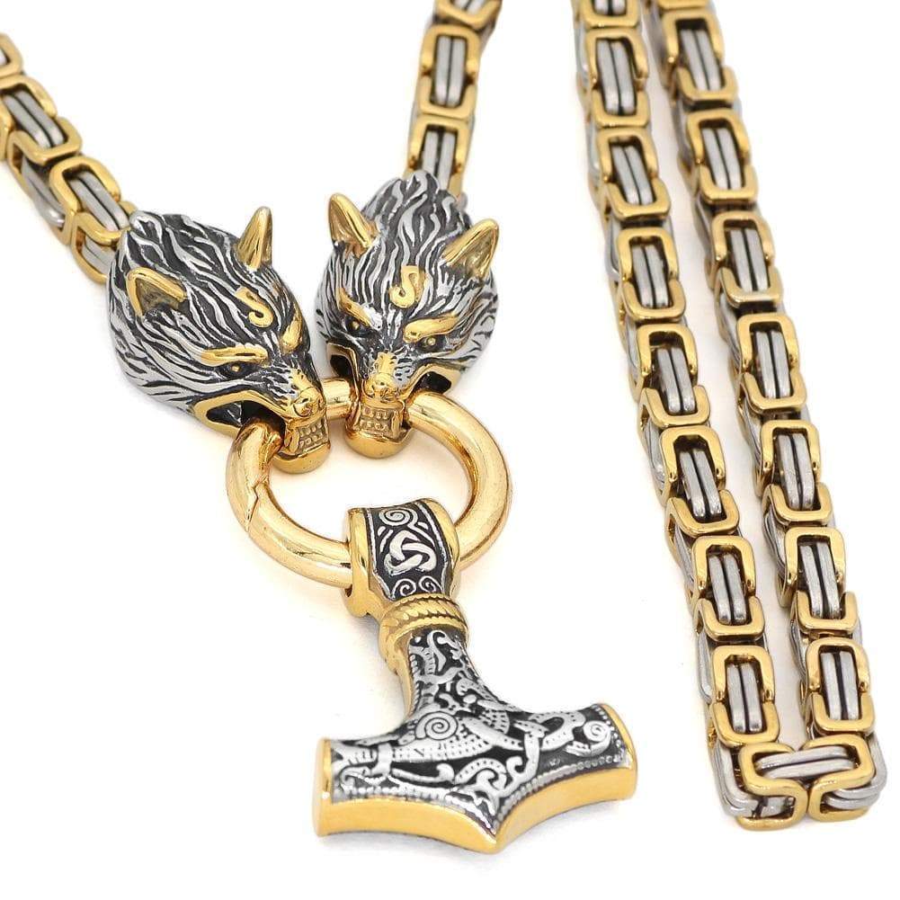 Vikings Wolf Mjolnir Stainless Steel King Chain Necklace - Ancient ...