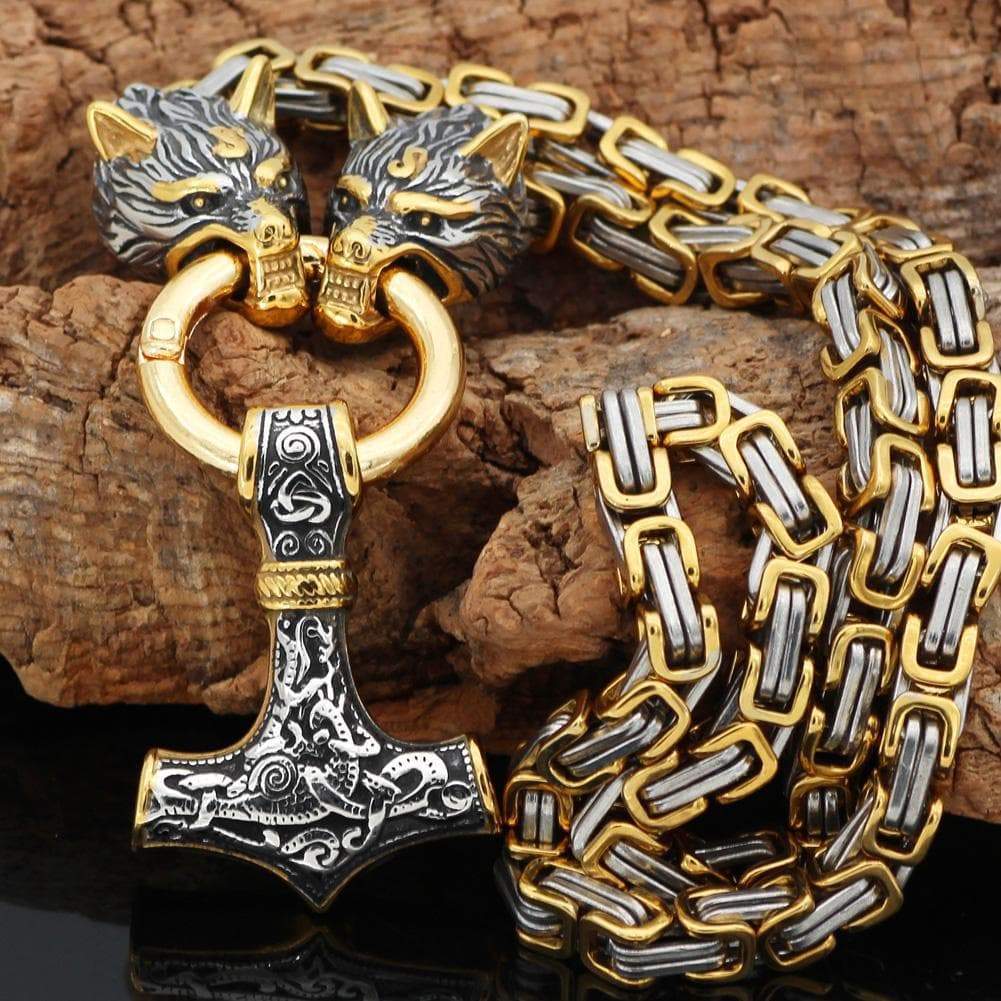 Vikings Wolf Mjolnir Stainless Steel King Chain Necklace - Ancient ...
